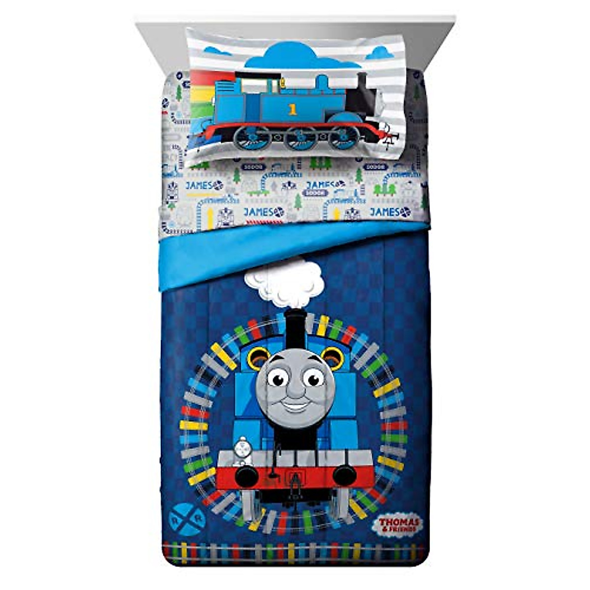 Jay Franco Thomas & Friends Stitch in Time 4 Piece Toddler Bed Set - Includes Comforter & Sheet Set Bedding - Super Soft Fade Resistant Microfiber (Official Mattel Product)