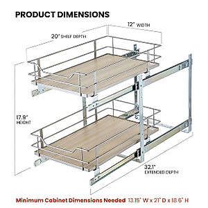 Home Zone Living Pull Out Kitchen Cabinet Organizer with 2 Tiers of Storage for Easy Access, 12”W x 20”D, Satin Nickel with Light Brown, Virtuoso Collection