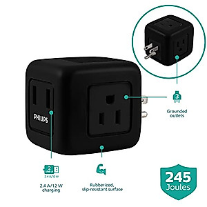 Philips 3-Outlet Extender with 2-USB Port Surge Protector, Charging Station, 245 Joules, Grounded Wall Tap, 3-Prong, 2.4 AMP/12 Watt, Space Saving Design, Black, SPP3202BC/37