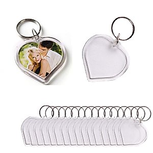 QUUPY 25PCS Clear Acrylic Love Heart Blank DIY Insert Photo Picture Frame Split Keyring Key Ring Keychain Snap-in Photo Holder Key Chain Keyholder for Family Lovers and Friends