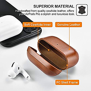 AirPods Pro Case, ICARER Airpod Pro Leather Case Genuine Leather Portable Protective Shockproof Cover for Apple AirPods Pro Support Wireless Charging and Led Visible (Brown)
