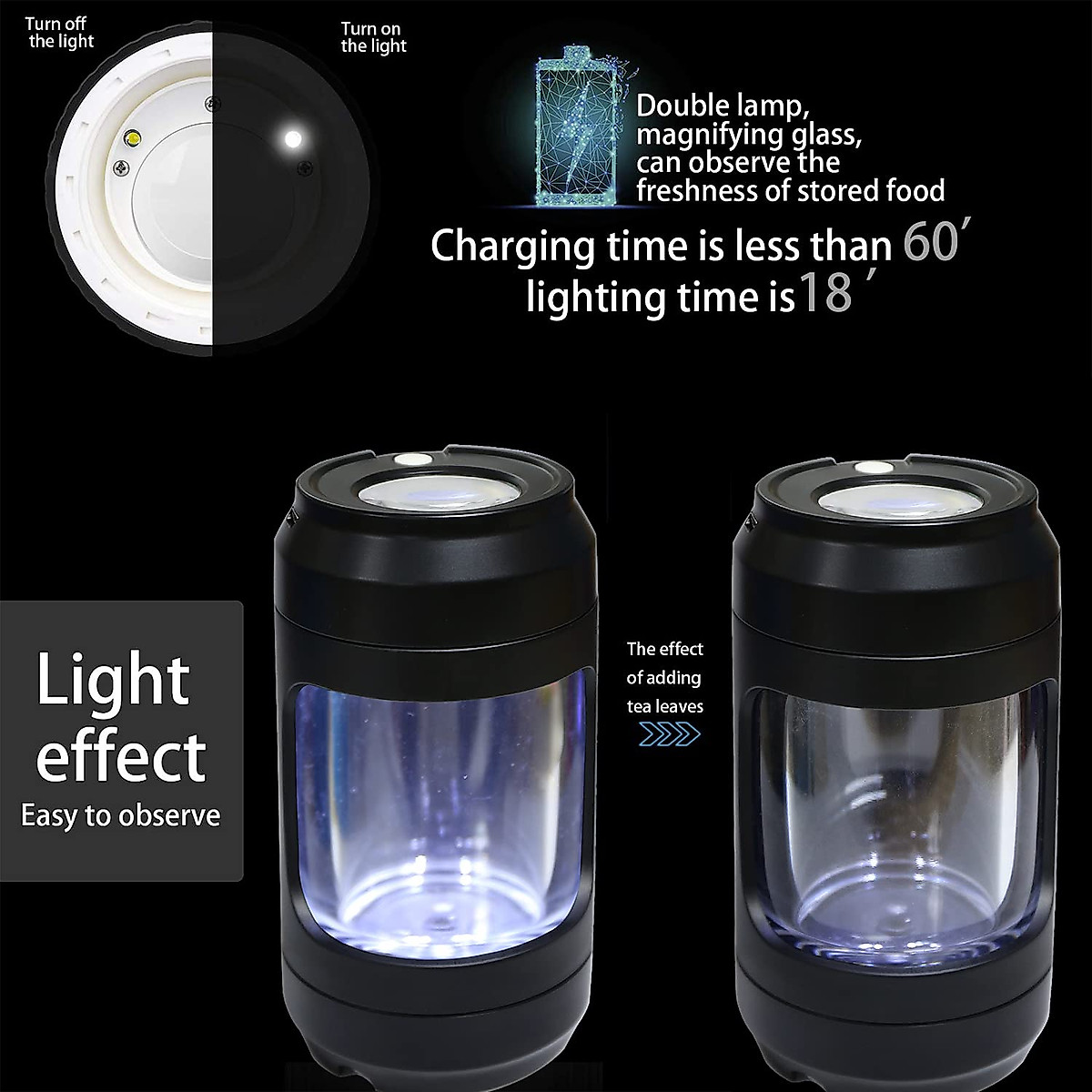 Storage Jar with Herb Grinder Led Light up, Herb Containers with 8x Magnifying Viewing Jar Portable, Storage and Grinding in One Keep Herbs Dry and Fresh (Black)