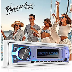 Pyle Marine Bluetooth Stereo Radio - 12v Single DIN Style Boat In dash Radio Receiver System with Built-in Mic, Digital LCD, RCA, MP3, USB, SD, AM FM Radio - Remote Control - PLMRB29W (White)