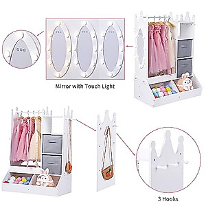 Bophy Girls' Dress up Storage with Light & Mirror, Kids Clothing Rack with Storage Bin, Girl's Open Hanging Armoire Closet, White