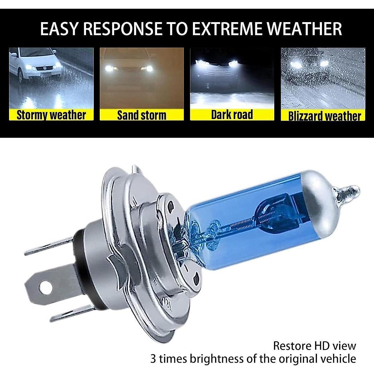 Slykew Pack-2 H4 Halogen Spotlight, Low Beam Halogen Spotlight Bulb 6000K Cool White, Fog Lights, H4 100W High Beam, White Super Bright Bulb for Most Cars, SUVs, Trucks