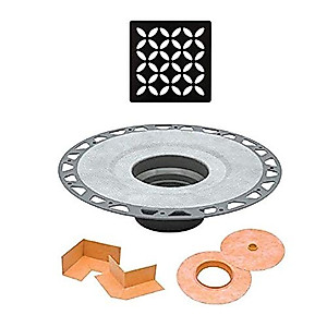 Schluter Systems Kerdi Drain Kit with PVC Flange (4” Floral Design Grate - Matte Black Finish - KD2/PVC/MGSD5)