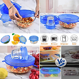 Silicone Stretch Lids Upgraded 6 Pack Various Sizes Rubber Stretchy Miracle Lid Reusable Elastic Bowl Cover for Food Storage Leftover Savers Fit Container Dish Cup (6, Blue)