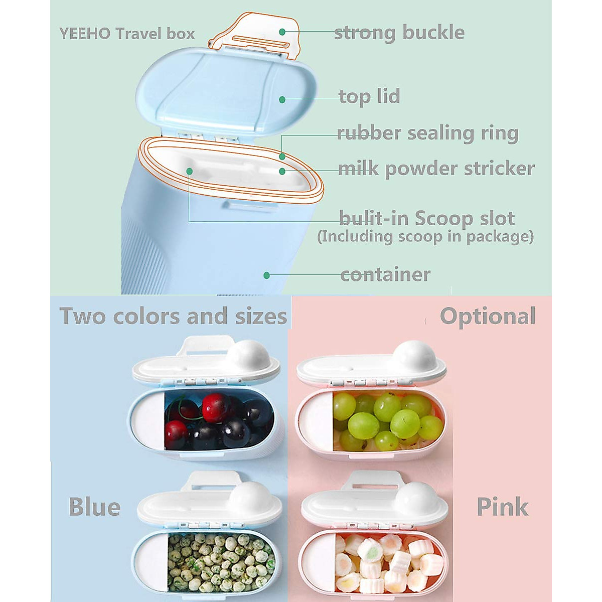 YEEHO Travel Infant Formula Dispenser Box with Scoop, Portable Baby Dry Milk Powder Food Container with Spoon Airtight Storage Easy go Parents Choice Sealed Flour Case,Blue