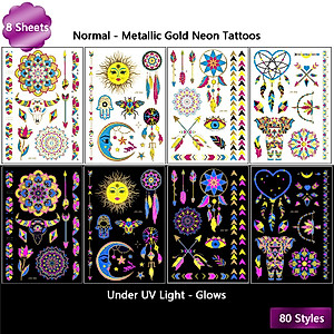 Neon Metallic Gold Temporary Tattoos Glow In The Dark UV Neon Tattoos Stickers 80 Glitter Styles Mandalas Feather Elephants Horns Party Decoration for Adults Kids
