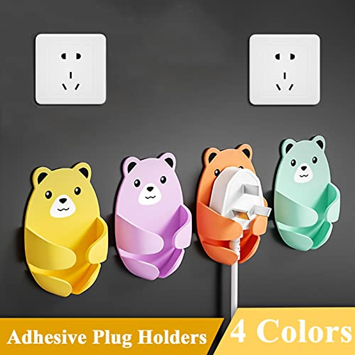 Missraza Plug Holders, 8 PCS Plug Hooks, Wall Mounted Plug Organizer Cute Bear Adhesive Plug Cord Holders