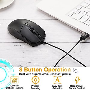 Kathfly 50 Pcs Black Wired USB Computer Mouse Bulk 1000 DPI 3 Button Corded Mouse with Home Office Noiseless Simple USB Mouse for Computer Laptop Desktop PC