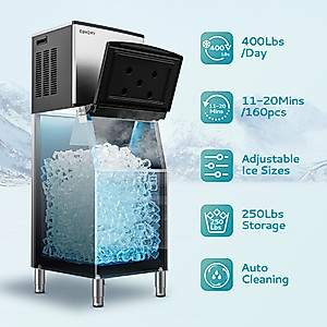 EUHOMY Commercial Ice Maker Machine 400Lbs/24H, SECOP Compressor&ETL Approval, Industrial Ice Machine, 250Lbs Storage, Ice Ready in 8-15 min, Stainless Steel Ice Maker for Bar/Cafe/Restaurant/Business