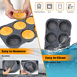 AKS Co Hamburger Bun Pan, Non-Stick Silicone - Oven-Safe, Vented 6-Cavity Baking Mold, Dishwasher Safe with Basting Brush