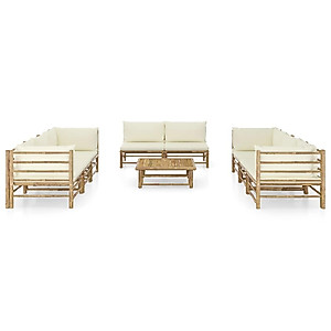 vidaXL Patio Lounge Set 9 Piece, Sectional Sofa for Outdoor, Patio Furniture with Cream White Cushions, Coffee Table, Scandinavian Style, Bamboo