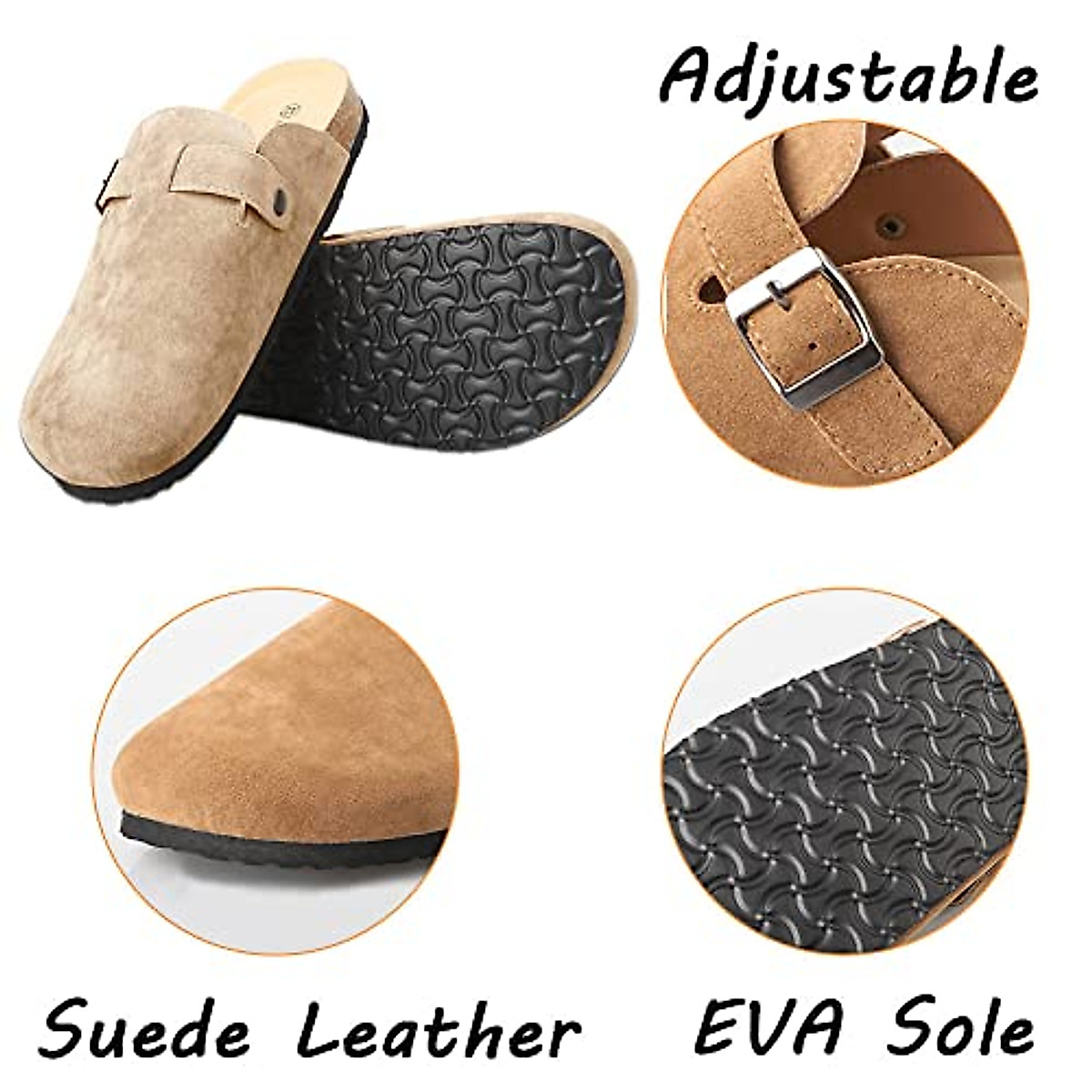 Boston Clogs Dupes Suede Soft Leather Clogs Classic Cork Clog Antislip Sole Slippers Waterproof Mules House Sandals with Arch Support and Adjustable Buckle for Women Unisex