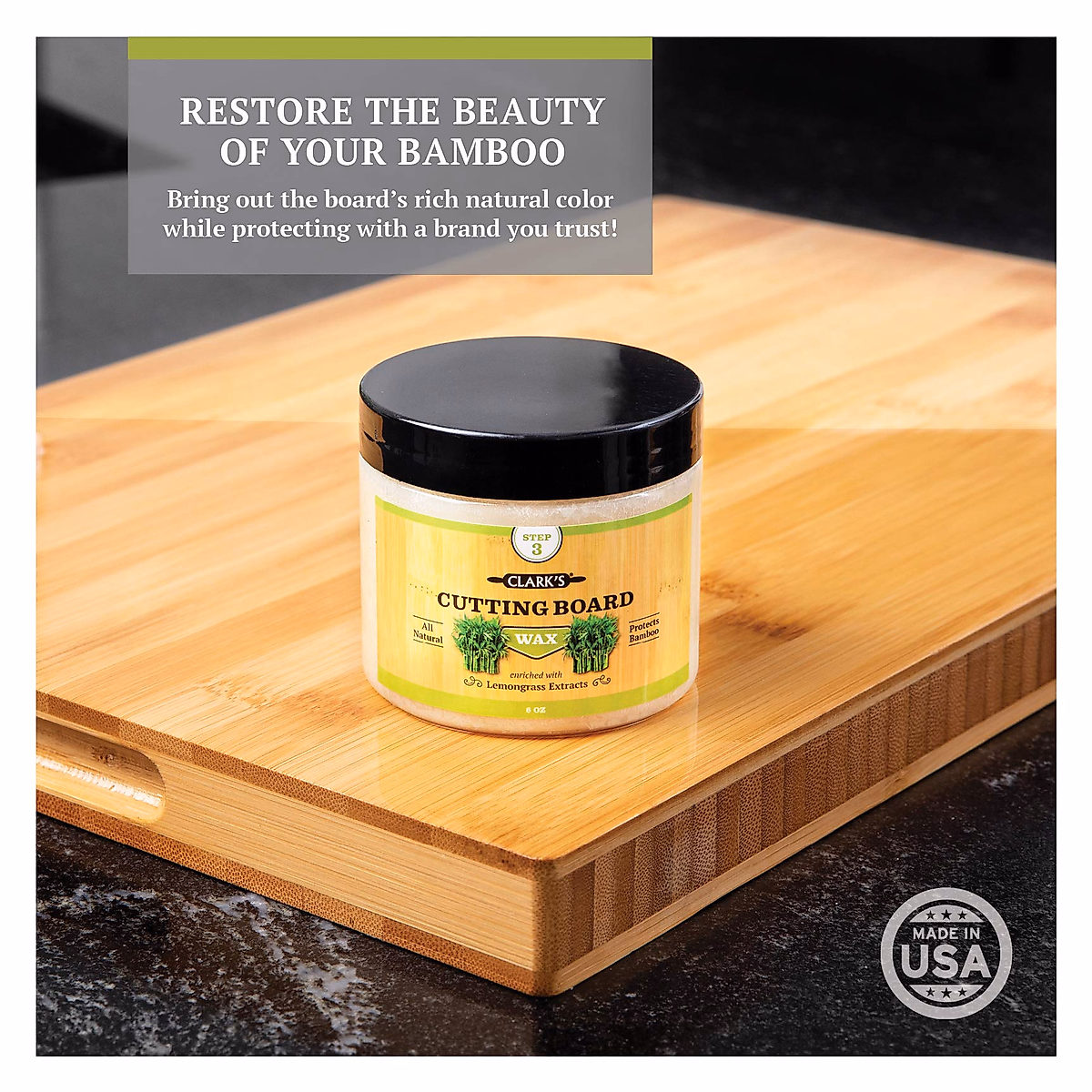 CLARK'S Cutting Board Wax Food Grade - All Natural Butcher Block Conditioner for Wooden Kitchen Utensils - Food Grade Beeswax for Cutting Board - Enriched with Lemongrass Extracts - 6oz