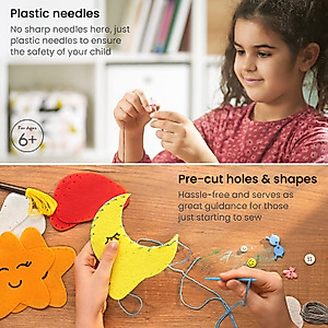 Arteza Kids Hand Sewing Kit, 5 Learn to Sew Plush Nature Crafts, 50 Pieces, Pre-Cut Felt Shapes, Plastic Needles, Plush Fill, Buttons, and Thread, Kids’ Craft Supplies with Instruction Guide