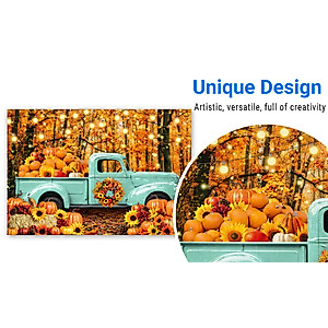 Funnytree 82" x 59" Autumn Forest Blue Truck Backdrop for Portrait Photography Picture Fall Harvest Pumpkin Farm Thanksgiving Day Baby Shower Friendsgiving Party Supplies Decoration Banner Background