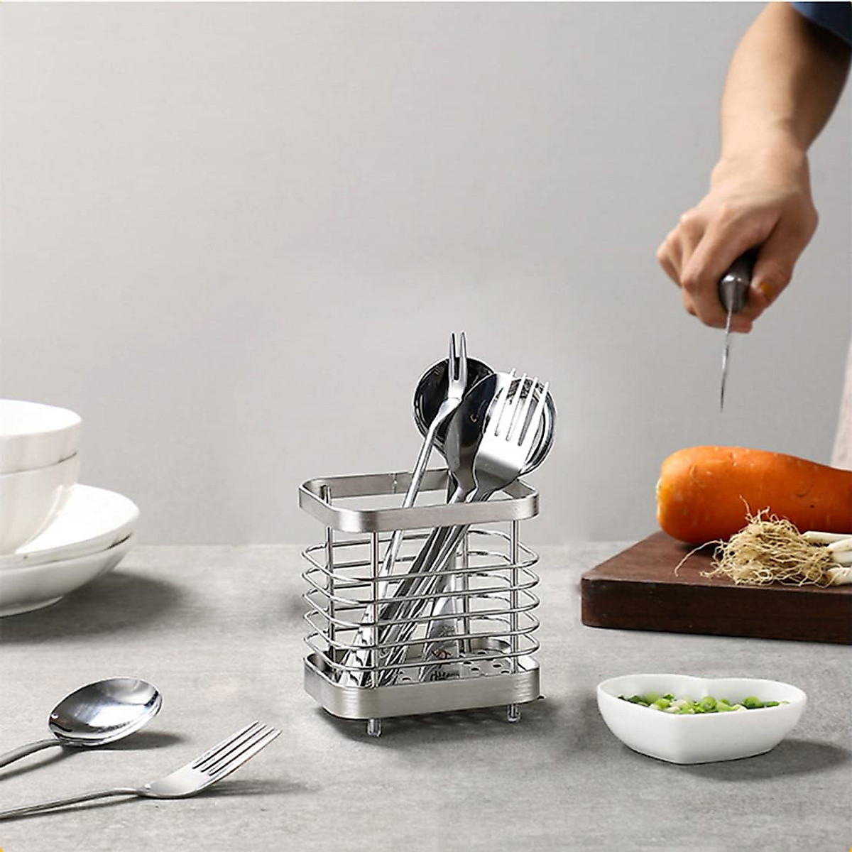 ANHORTS Kitchen Utensil Holder Stainless Steel, Cutlery Rack for the Counter, Countertop Organizer for Flatware Silverware Dinner Forks, Knives and Spoons, Silver