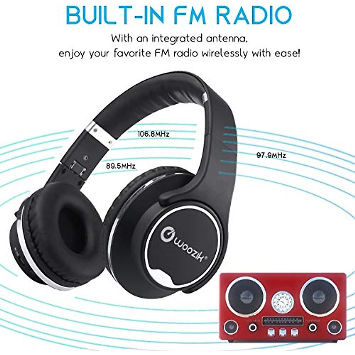 WOOZIK Twist Wireless Headphones, Over Ear 2 in 1 Hybrid Headset with Built-in FM Radio, Micro-SD Card Slot, AUX, Volume Control, Mic, Black