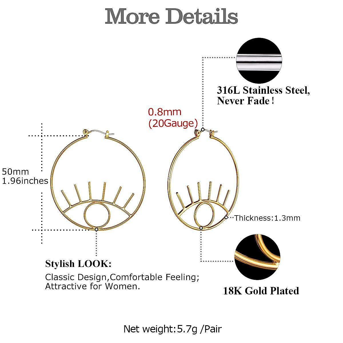 FOCALOOK Gold Eye Earrings for Women 18K Gold Plated Dangle Abstract Evil Eye Hoop Earrings