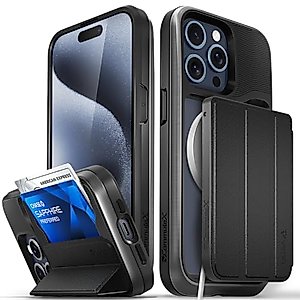 VENA vCommuteX Wallet Case for Apple iPhone 15 Pro Max (6.7"), (Magsafe Compatible, Military Drop Protection) Detachable Leather Cover Card Slot Holder with Kickstand - Space Gray/Black