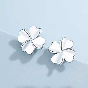 Four Leaf Clover Stud Earrings for Girls Delicate Petite Plant 999 Sterling Silver Jewelry Hand Polished Hypoallergenic Spiral Eardrop for suitable for Women daily wear (7.2mm)