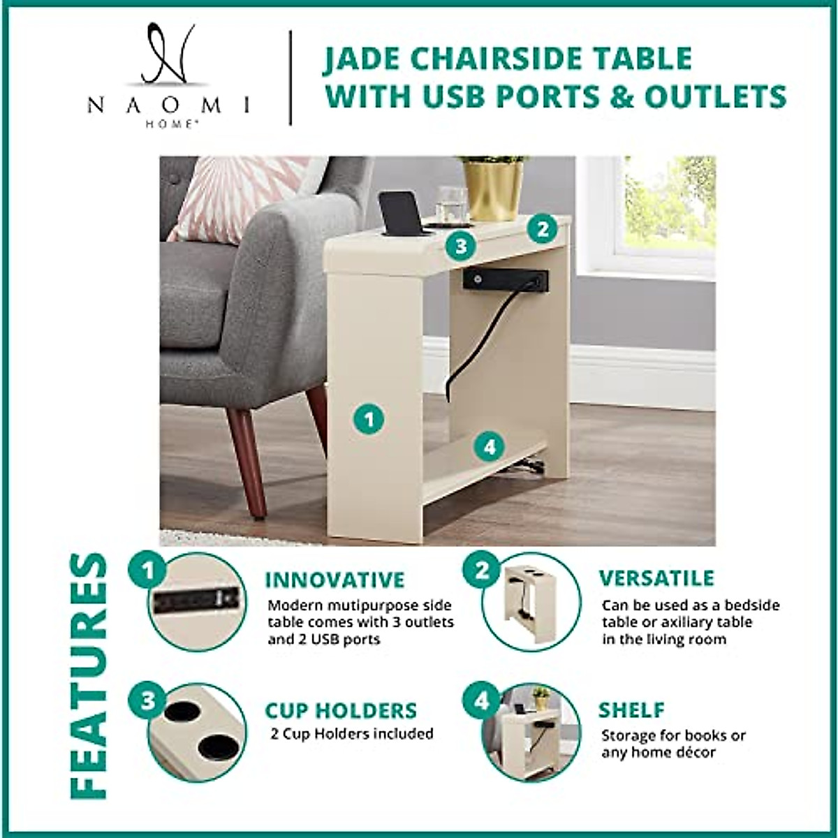 Jade Modern Nightstand with Charging Station | End Table with USB Ports & Outlets | Narrow Side Table for Bedroom & Living Room - Espresso