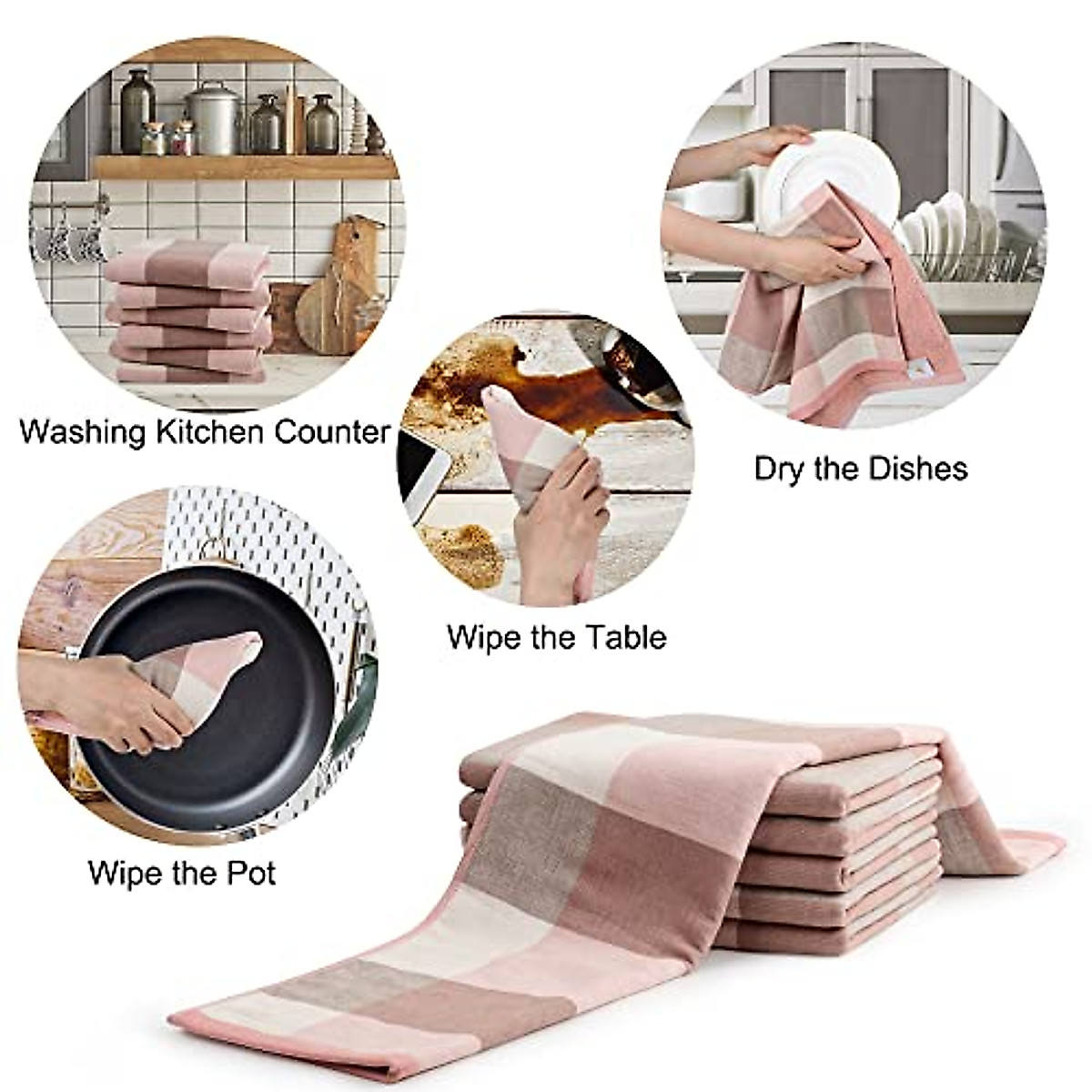 PiccoCasa 100% Cotton Terry Kitchen Towels, Big Buffalo Check, 6 Pack Soft Absorbent (13 x 29 Inch) Quick Dry Dish Towels - Pink, White