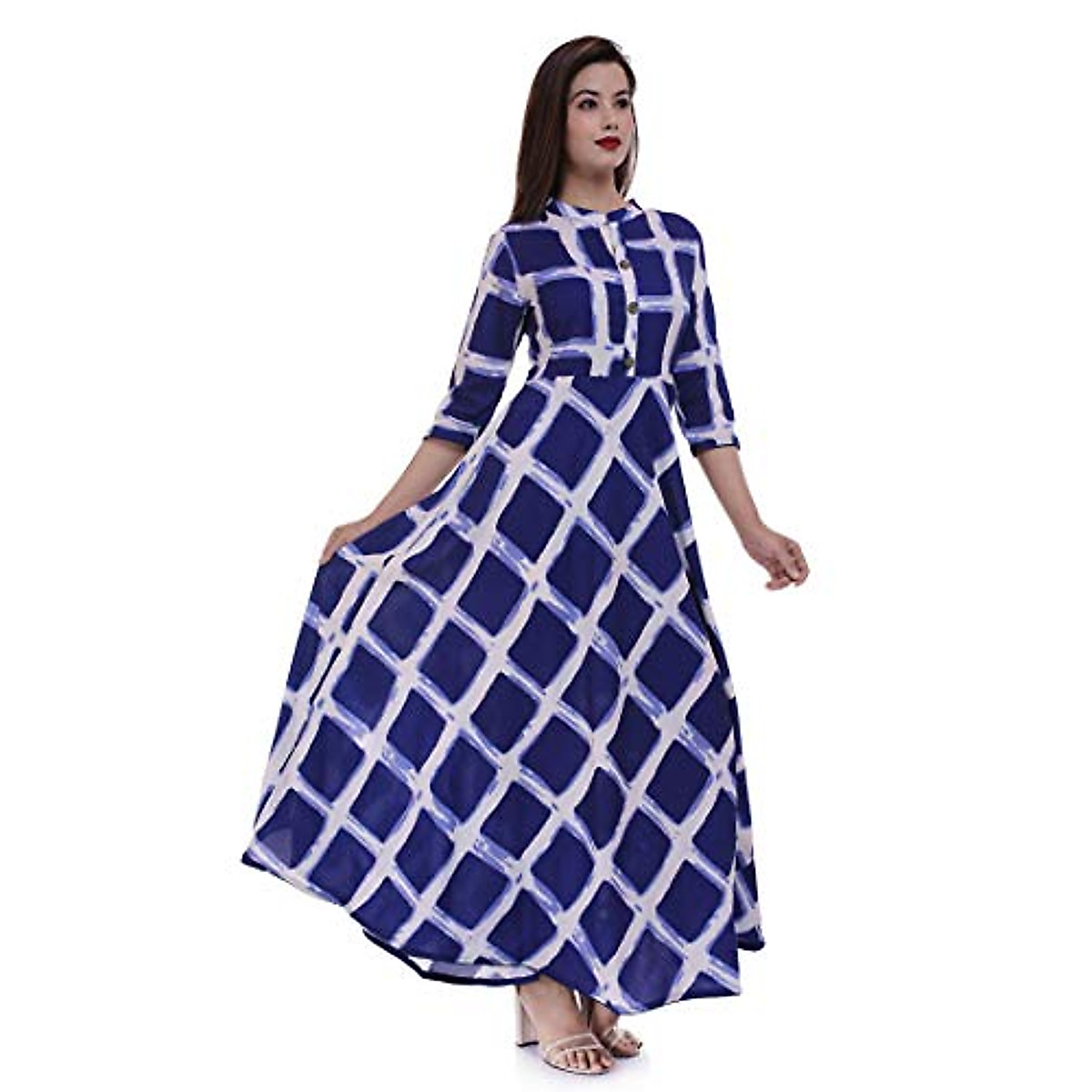 Ramkudi Indian Women's Checks Cotton Kurti Top (Navy Blue)