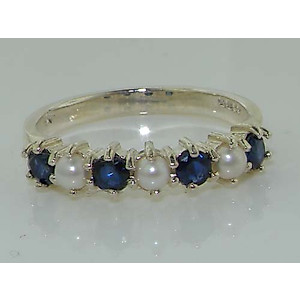 LetsBuyGold 925 Sterling Silver Cultured Pearl & Sapphire Womans Eternity Ring - Size 4