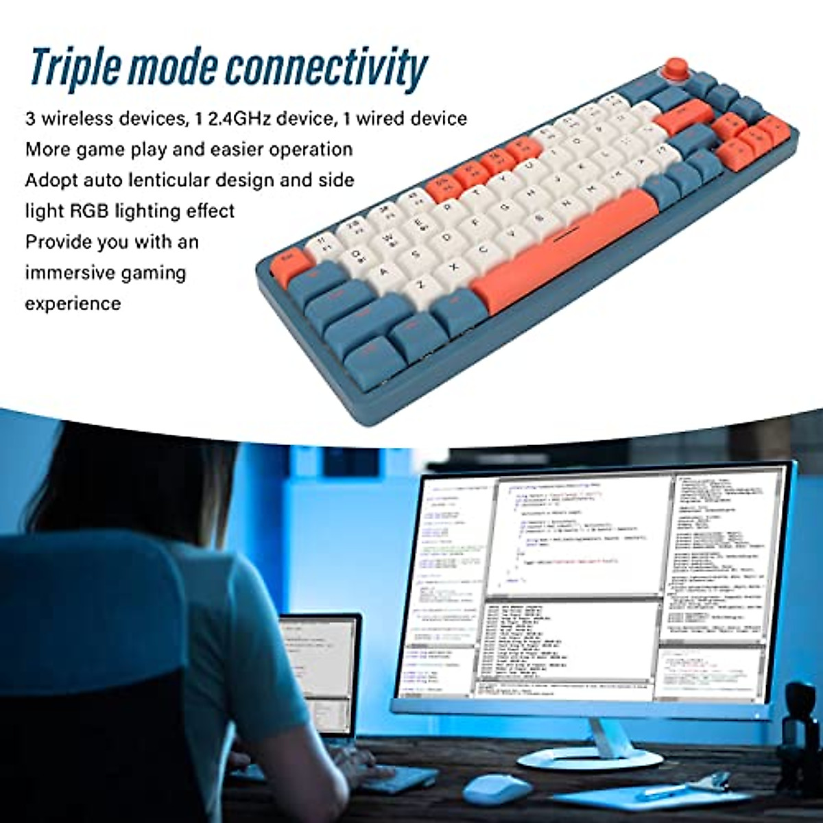 Gaming Keyboard, Multifunctional LK67 USB C Wired 67 Keys Mechanical Keyboard Comfortable Touch Blue for Work for Gaming (Silver Switch)