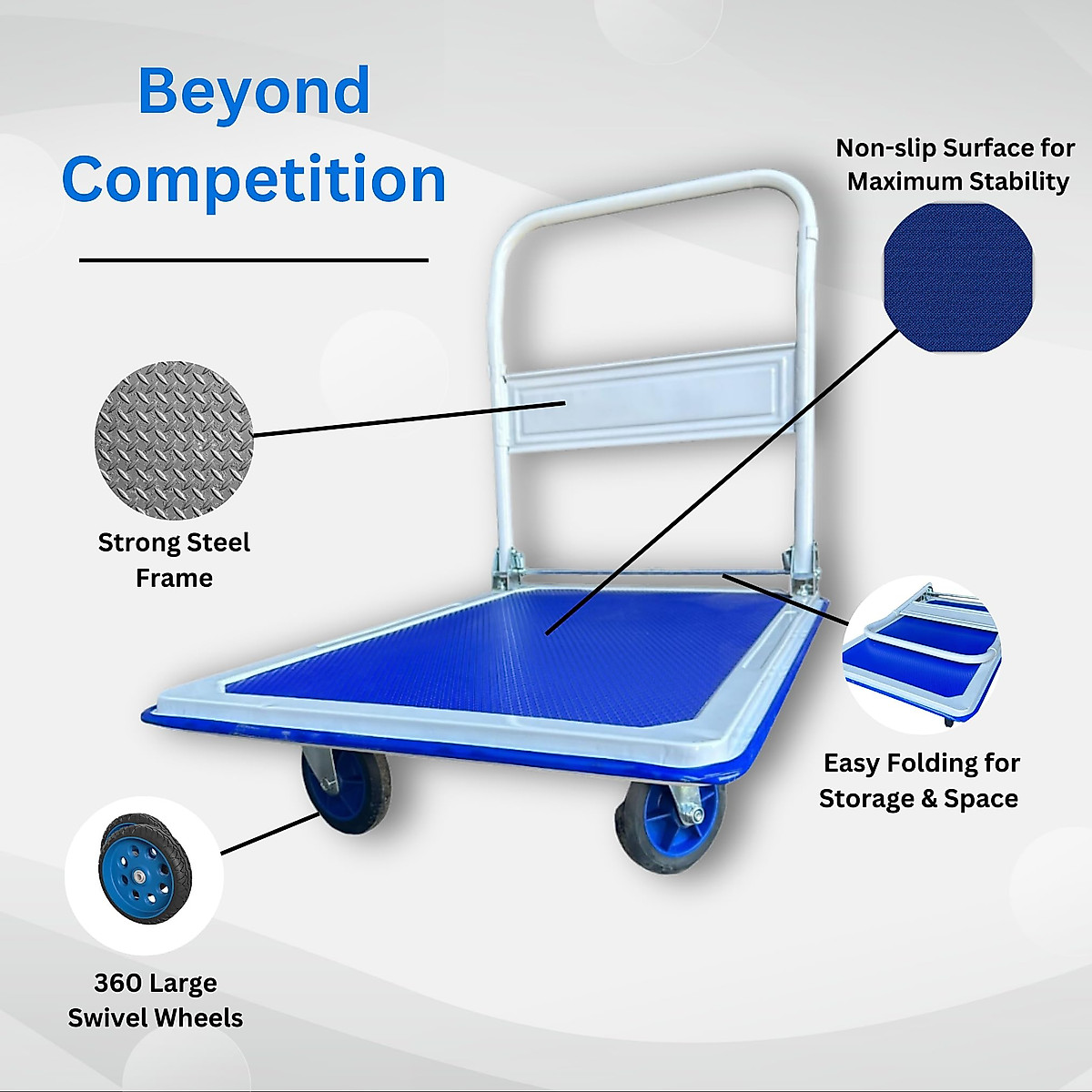 Ironbar 500 LBS Platform Dolly Cart Folding 34.25 in x 24 in PU Wheels Utility Push Cart for Home Garden Warehouse Work Office Travel