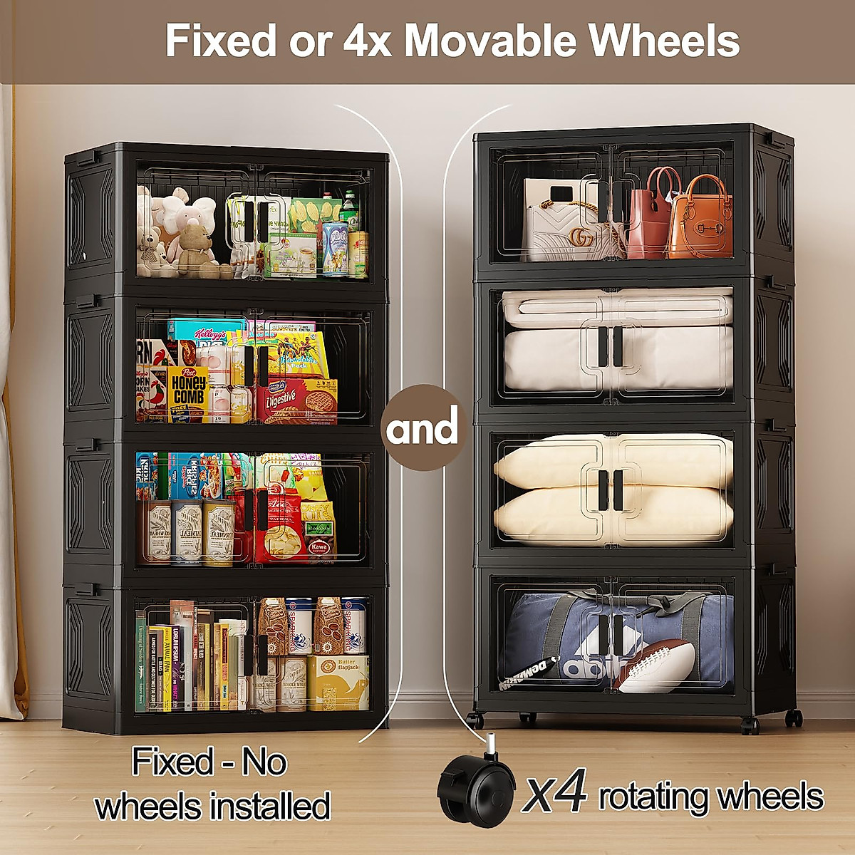 QAVABIN 120GAL Large Storage Bins with Lids and Wheels, 4 Tiers Stackable Closet Organizers and Storage, Collapsible Storage Bins with Doors, Plastic Folding Storage Containers for Room Garage, Black