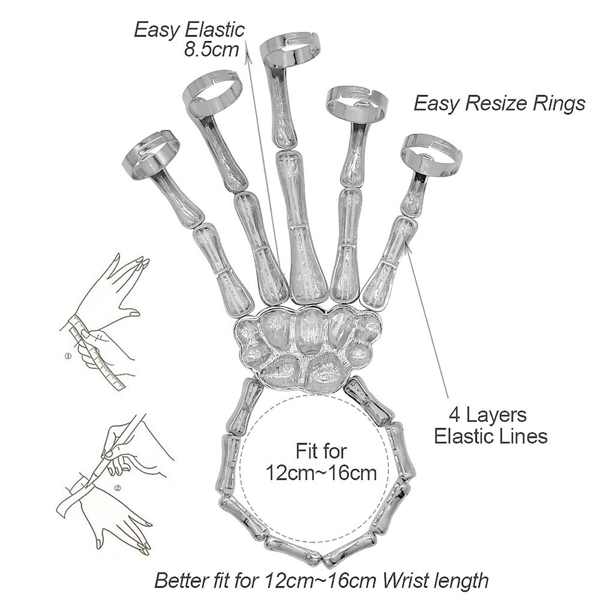 Men Women's Halloween Skull Skeleton Hand Bracelet With Ring (Silver)