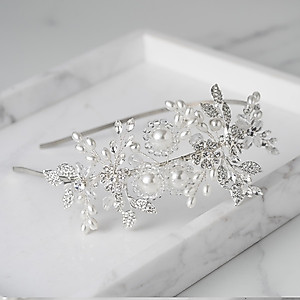 SWEETV Handmade Pearl Wedding Headbands for Women Silver Rhinestone Hair Band Bridal Headpieces for Bride Hair Jewelry Accessories