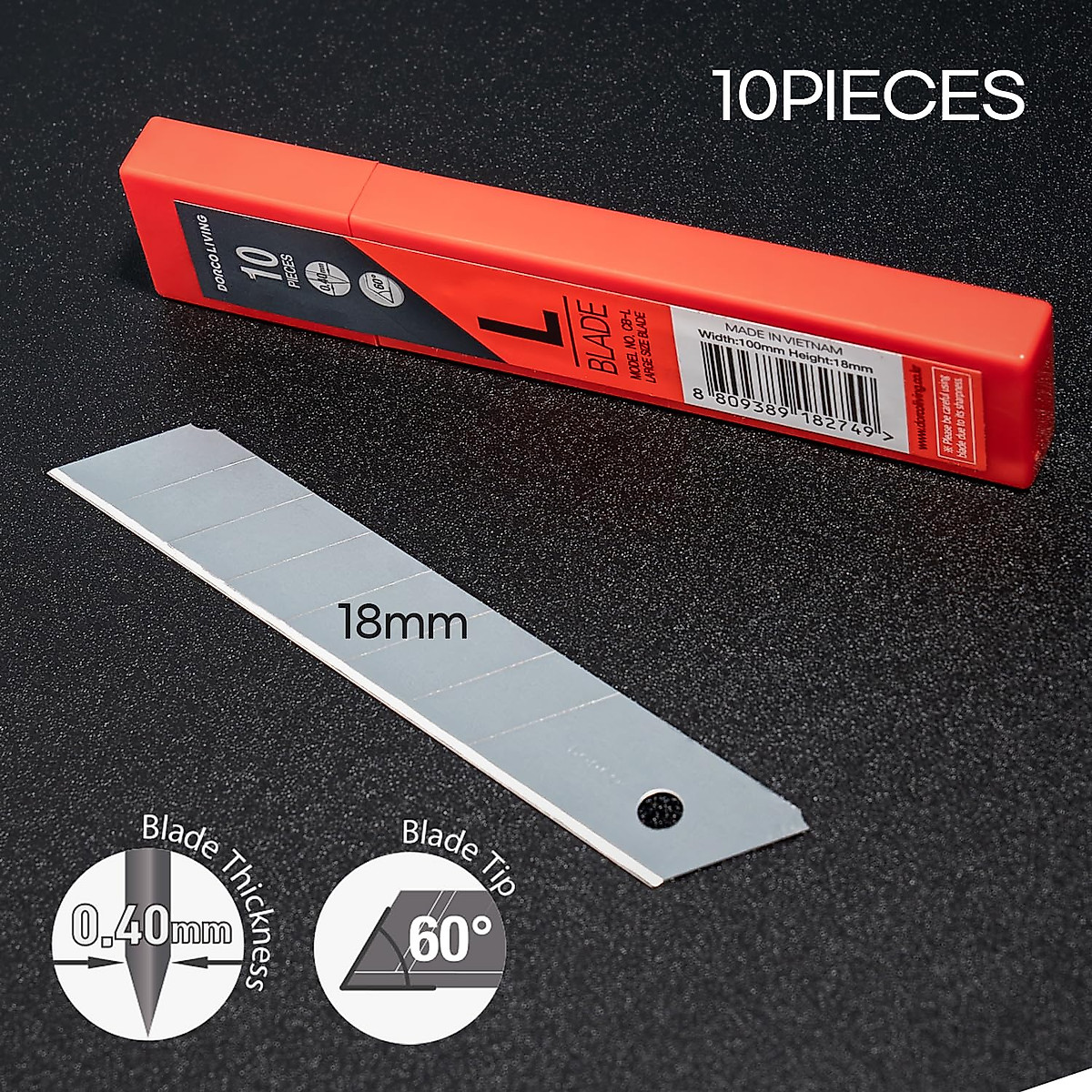 DORCO Professional L602 18mm Snap-Off Cutter Knife + Precision 18mm (11 Blades) - Premium Quality Die-Cast Body with Auto-Lock & Safety Block System