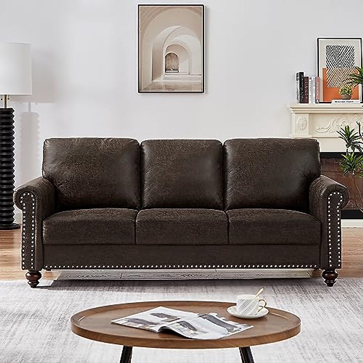 Morhome Comfy Modern Top Grain Leather Sofa Sectional Couch with Wooden Basefor Apartment, Small Space, Light Brown