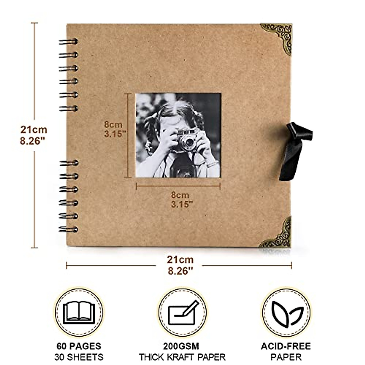Scrapbook Photo Album (8 x 8 inch) - 60 Pages Photo Scrap Memory Book - Thick Kraft Paper Scrapbooking & Stamping Supplies with Corner Protectors, Ribbon Closure Suitable for Wedding,Travel,Graduation