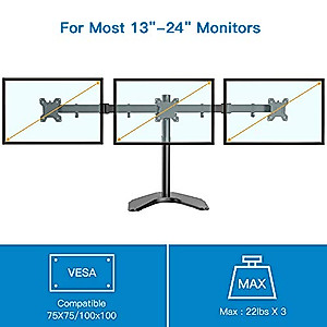 HUANUO Triple Monitor Stand, Free Standing Three Monitor Desk Mount for Screens Up to 24 inch, Heavy-Duty Fully Adjustable Monitor Arm, Holds Up to 22lbs Each, VESA 75x75 or 100x100