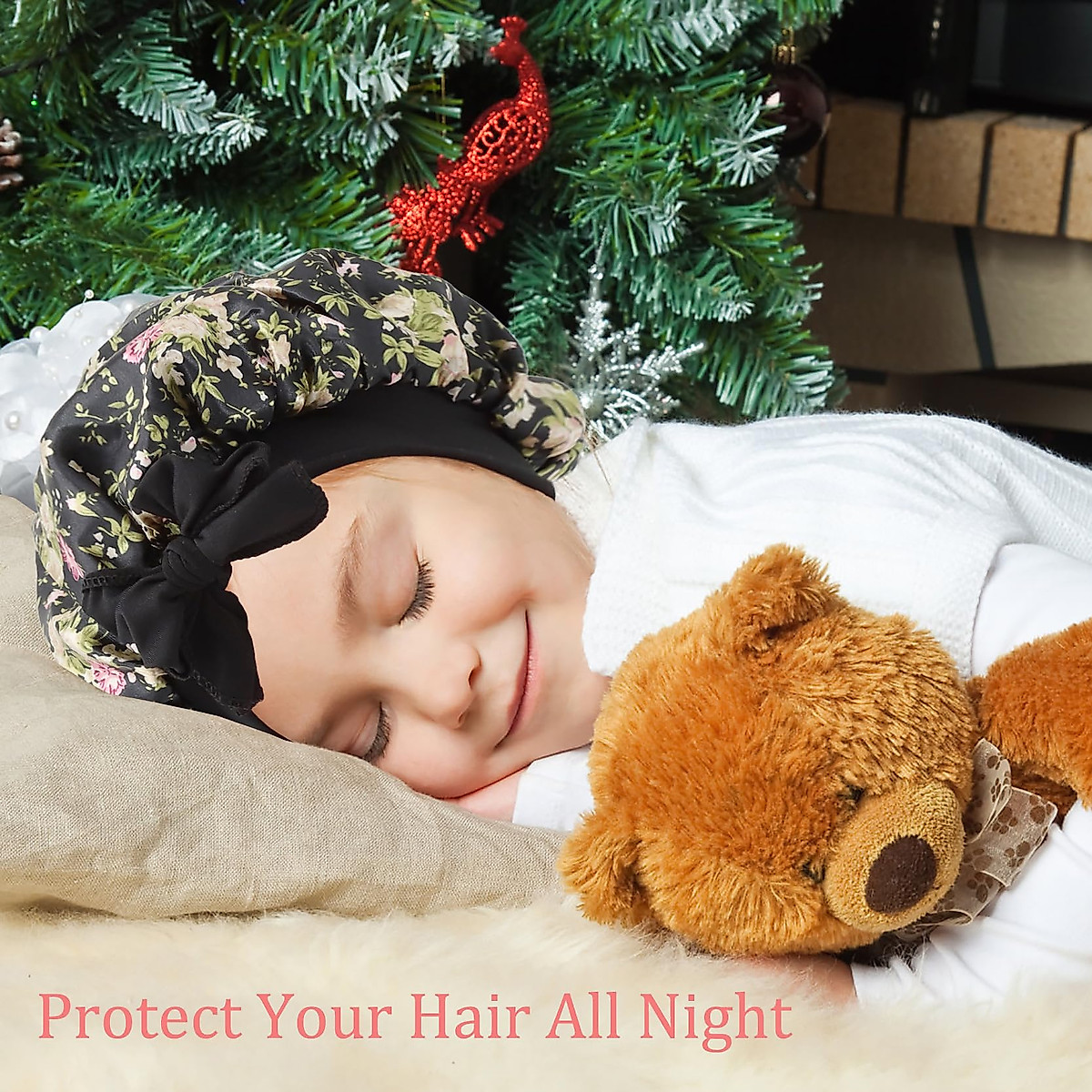 3 Pieces Kids Satin Bonnet Silky Sleep Cap Wide Elastic Band Hair Bonnet for Girls Toddler Child Flowerblackpb