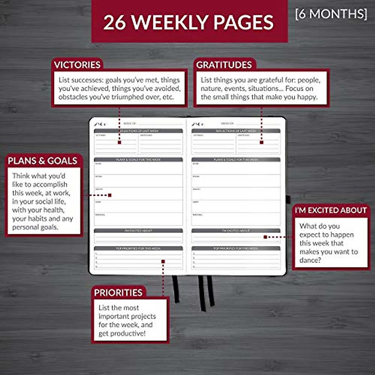 Mountain Daily Planner® Classic – Undated Daily Weekly Gratitude Journal, Monthly Calendar. Achieve Goals, Increase Productivity, Boost Happiness in 2023, 2024. Hardcover. Pen Holder. 6 Months (Black)