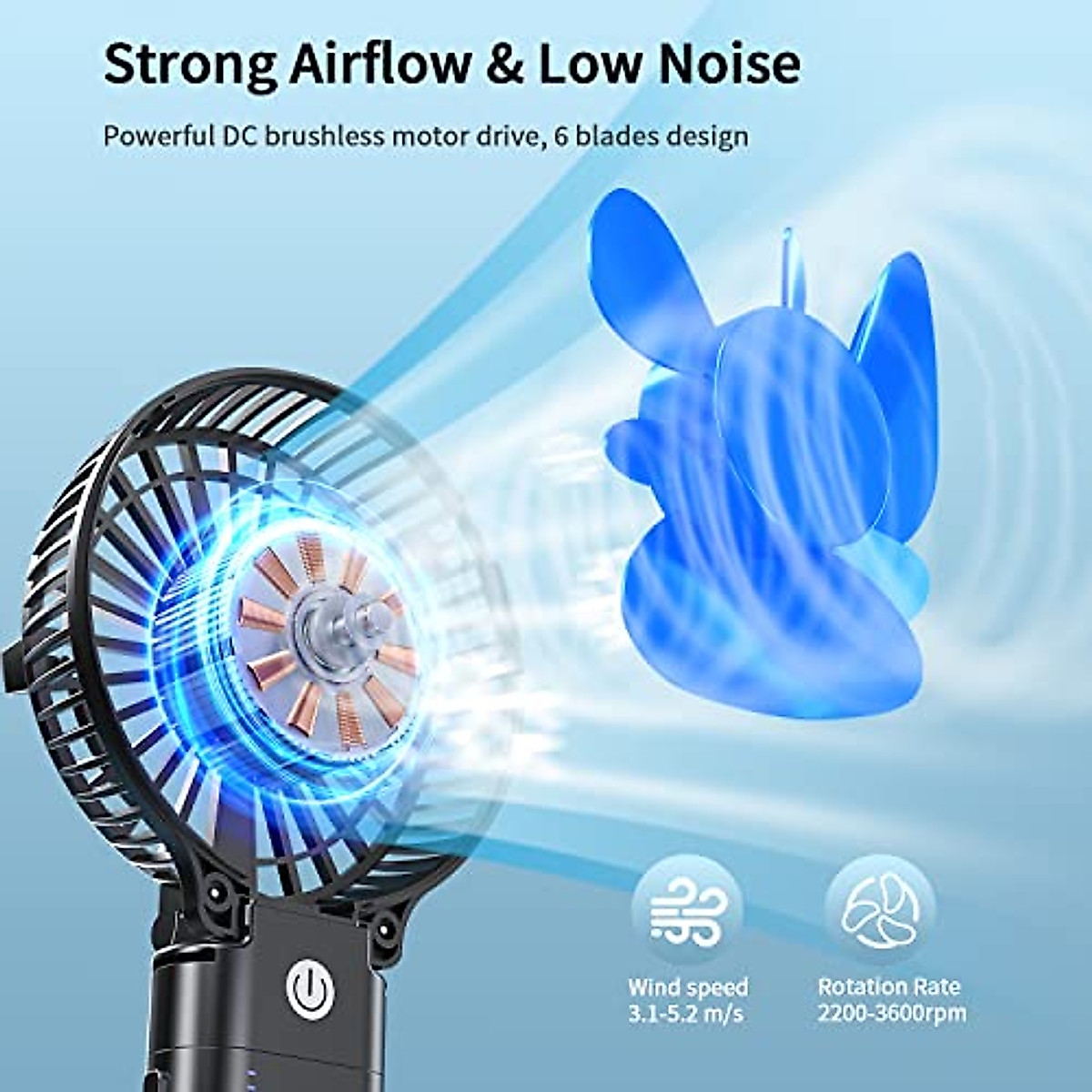 HandFan 10400mAh Portable Handheld Fan, Battery Operated Rechargeable Fan, Foldable Mini Fan With Portable Charger, Cooling Hand Fans for Travel, Outdoors, Indoors(Blue Blade)