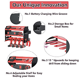 Luffioner Drill Storage Rack，Power Tool Organizer Drill Holder Wall Mount， Drill Organizer for Garage, Workshop,Drill Bit Storage Shlef, Holds 4 Drills with Screws Box (Red)