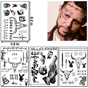 6 Sheets Halloween Temporary Tattoos Stickers Face Tattoos Kit Fake Body Art Tattoo Festival Makeup Halloween Face Tattoos for Women Men Kids Cosplay Halloween Costume Accessories