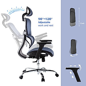 Ergonomic Chair, High Back Executive Desk Chair, Modern Office Chair with Lumbar Support, Breathable Mesh Chair, with 3D Adjustable Armrests,Headrest and Lumbar Support, Steelblue