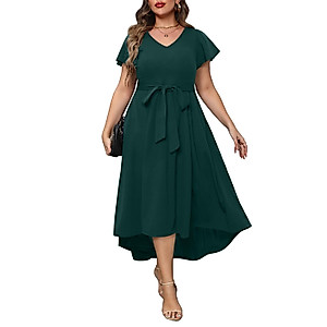 Plus Size Holiday Dress Women Emerald Dark Green High Low V Neck Long Flowy Elegant Dresses with Pockets