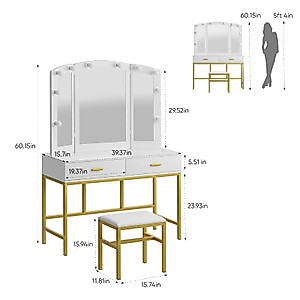 Semiocthome Vanity Desk with Mirror and Lights, Tri-Fold Large Mirror Makeup Vanity Desk with Lights, 60" Tall White Vanity Table with Mirror with Lights and Chairs, Vanities for Women/Girls Bedroom