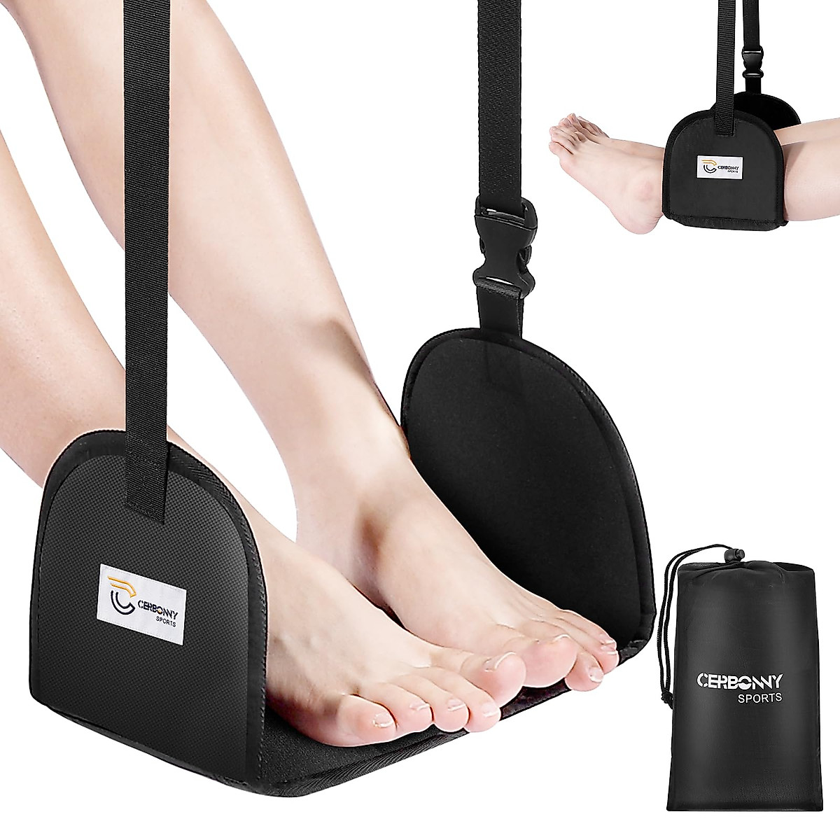 CERBONNY Airplane Foot Rest - Portable and Adjustable Foot Hammock,Airplane Travel Flight Essential for Relaxing Your Feet During Airplane Journeys - Office Footrests (Black)