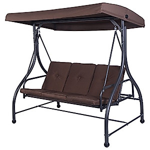 Tangkula Converting Outdoor Swing Patio Porch Garden Swing with Comfortable Cushion Seats, Adjustable Canopy & Coated Steel Frame Hammock 3 Seats Patio Deck Furniture (Brown)